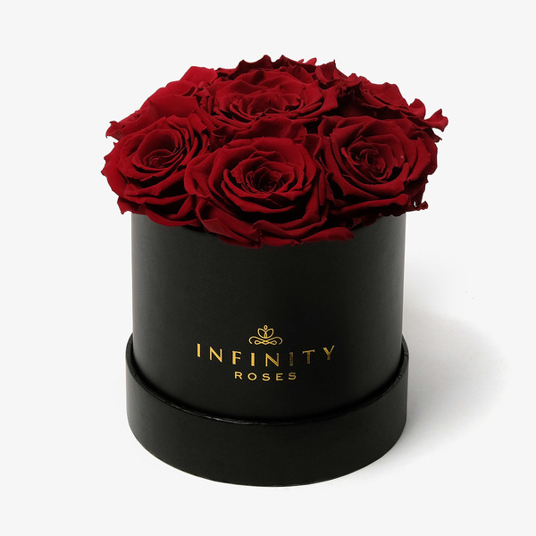 7 Red Preserved Roses in a Round Black Box | Infinity Roses